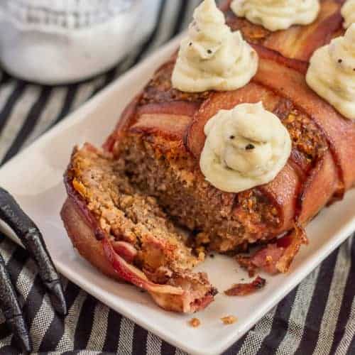 Bacon Wrapped Halloween Meatloaf with Ghost Mashed Potatoes